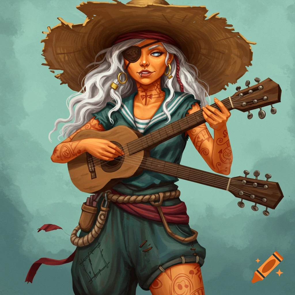 Fantasy sailor bard with white-ashen hair and sailor tattoos on Craiyon