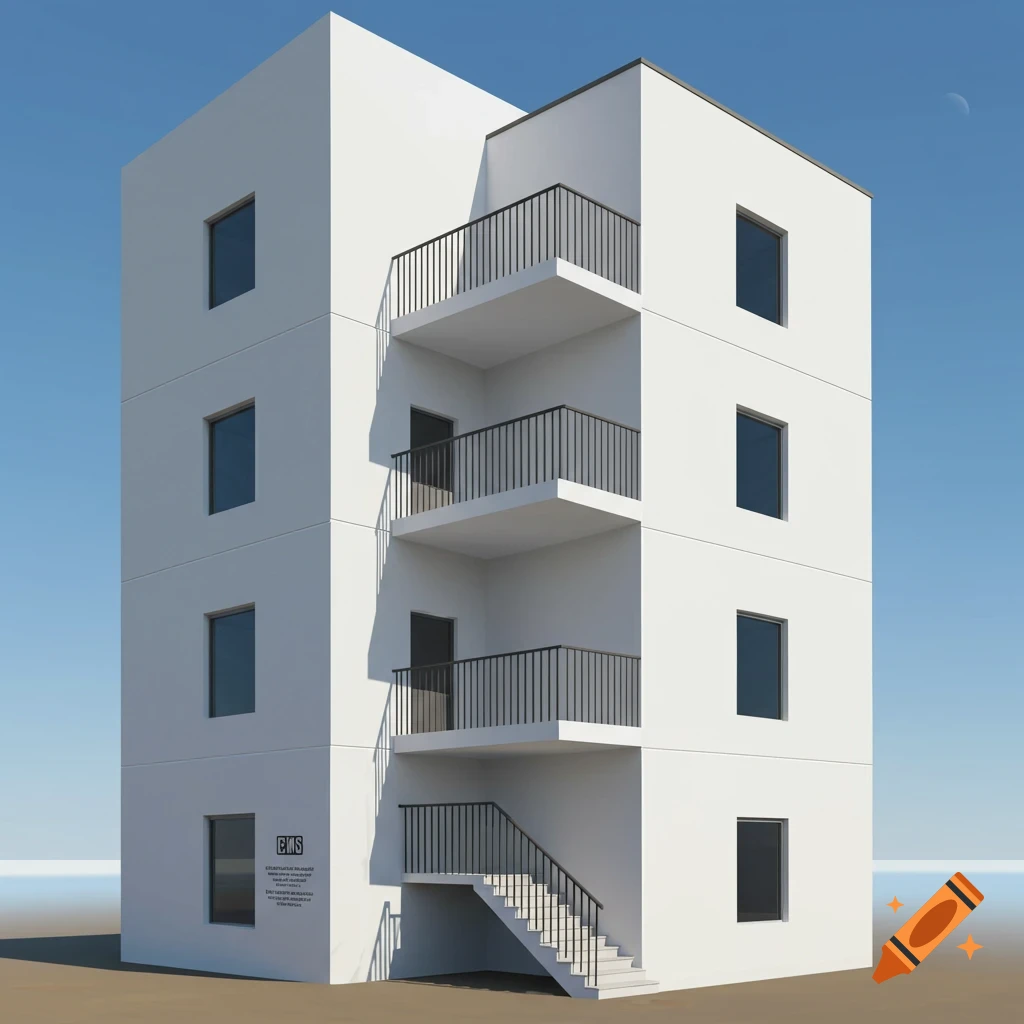 Hyperrealistic three-story white building with external staircase on ...