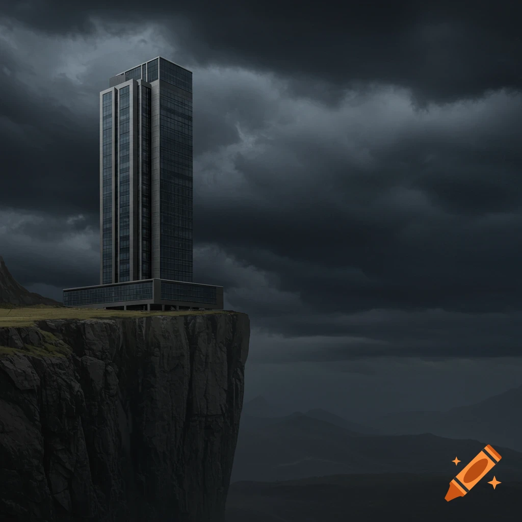 Office building on a cliff under a dark, cloudy sky on Craiyon