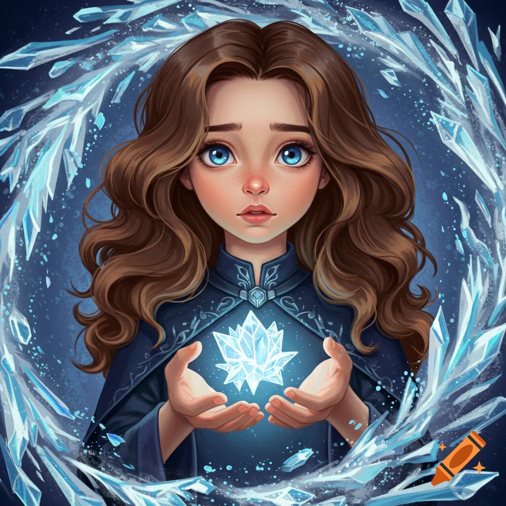 A young sorceress with brown hair and blue eyes casts ice magic ...
