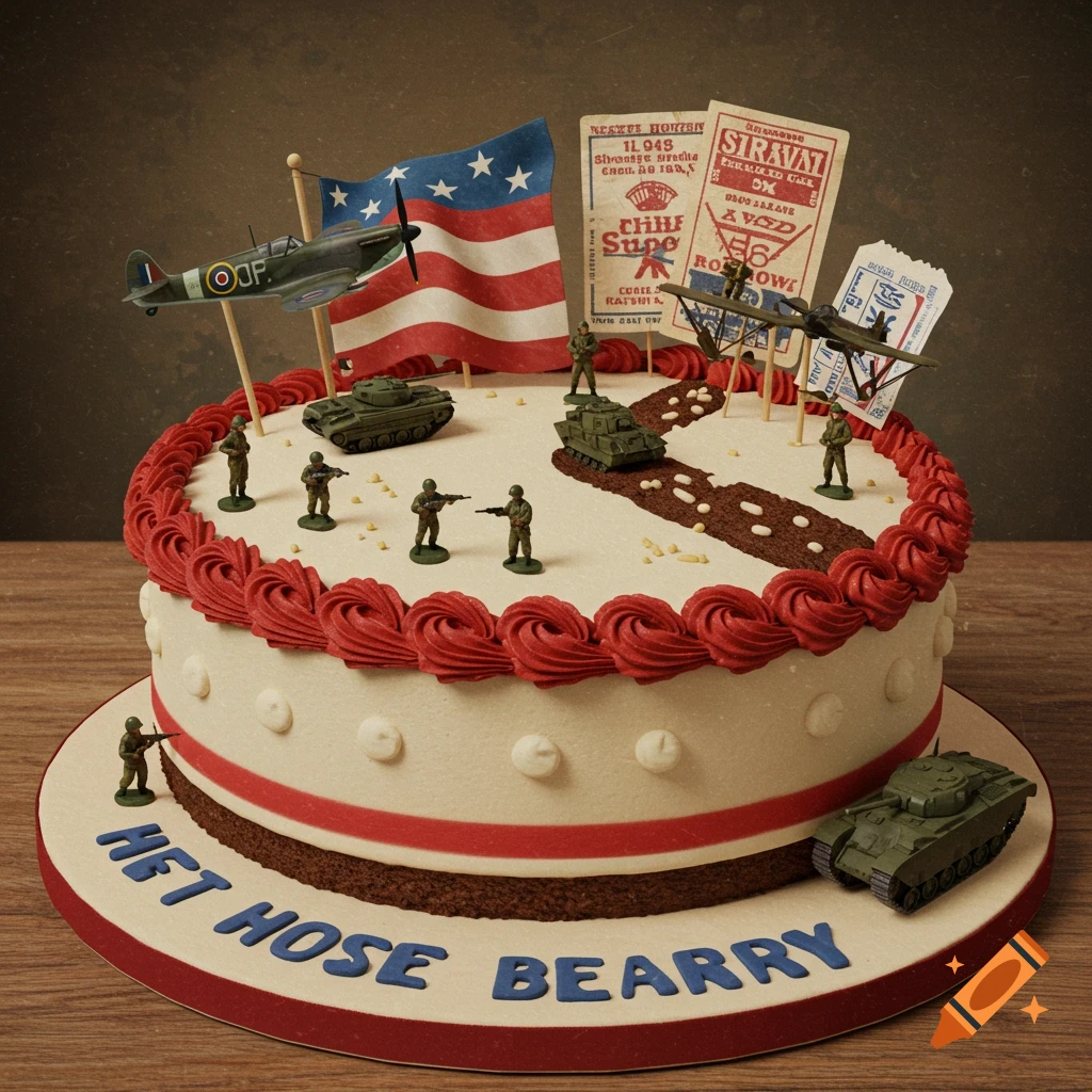 A cake decorated with toy soldiers, tanks, airplane, US flag, and paper ...