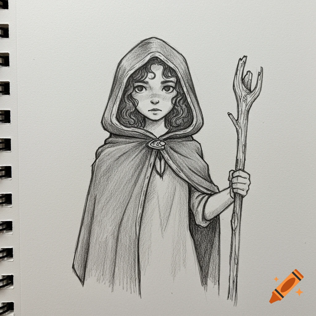 Pencil sketch of girl in cloak holding staff on Craiyon