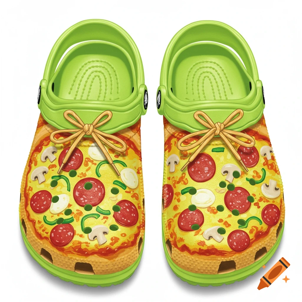 Green Crocs shoes patterned with pizza toppings. on Craiyon