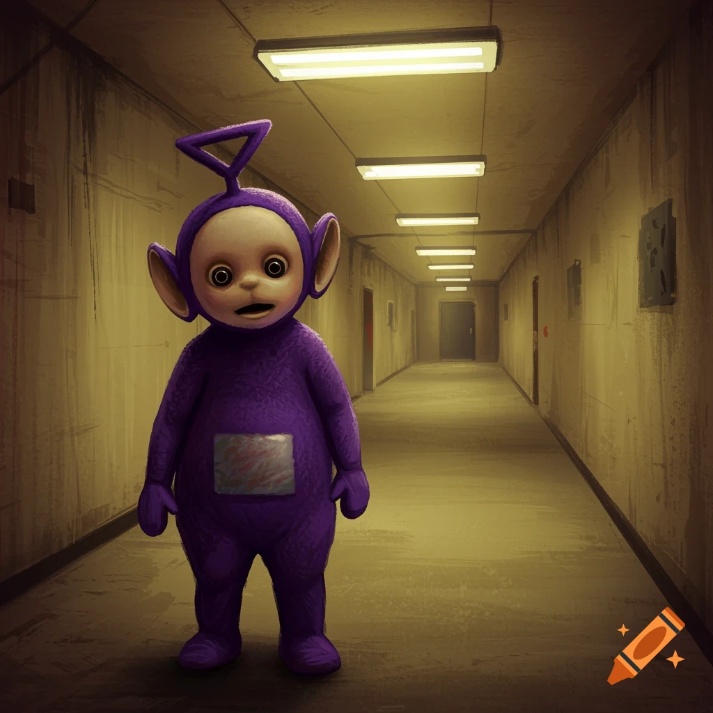 Tinky Winky character in backrooms on Craiyon