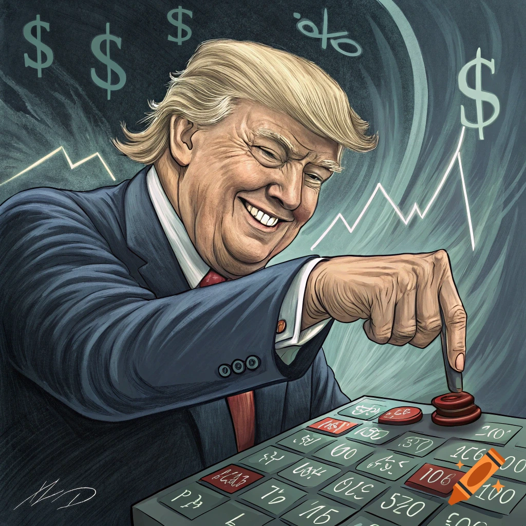 Cartoon of Donald Trump figure laughing amidst dollar signs and gold ...