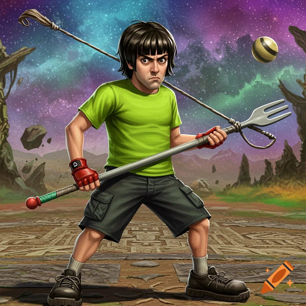 A man with a bowl cut and green shirt wields a strange weapon in a ...