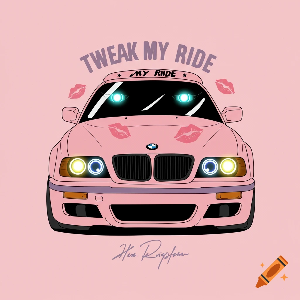 Stylized illustration of a pink BMW E36 coupe with "Tweak My Ride" text ...