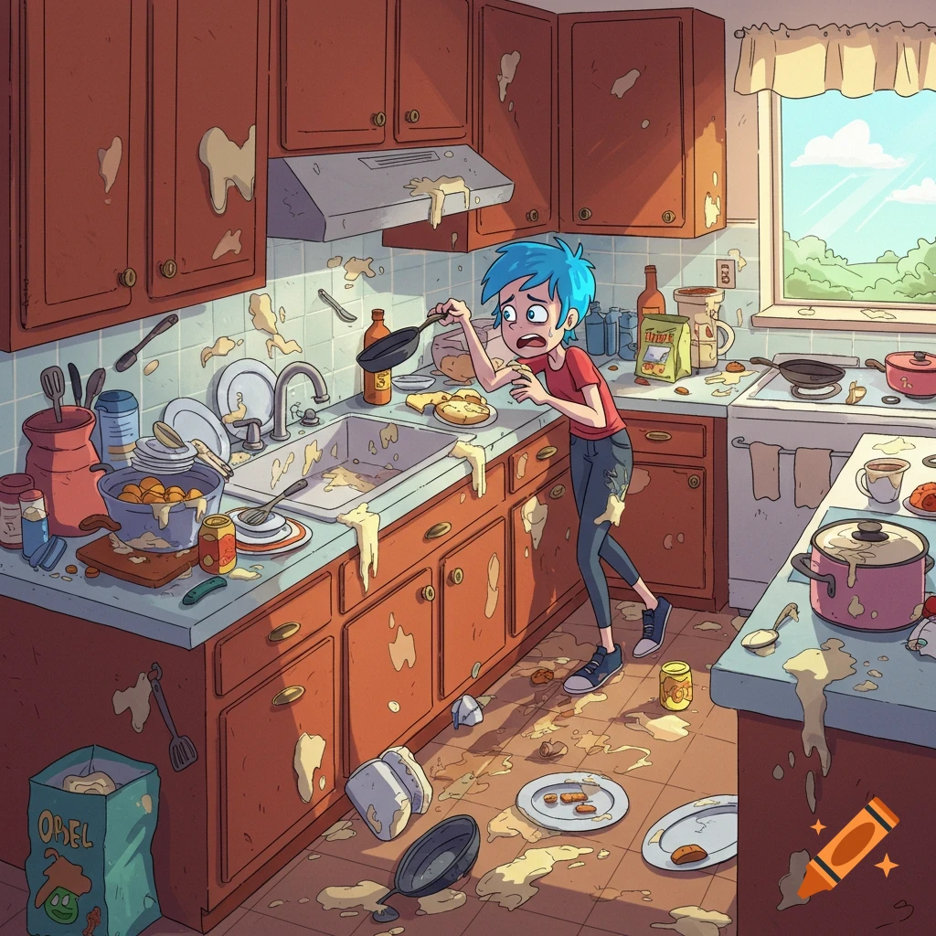 Cartoon kitchen disaster with dirty dishes on Craiyon