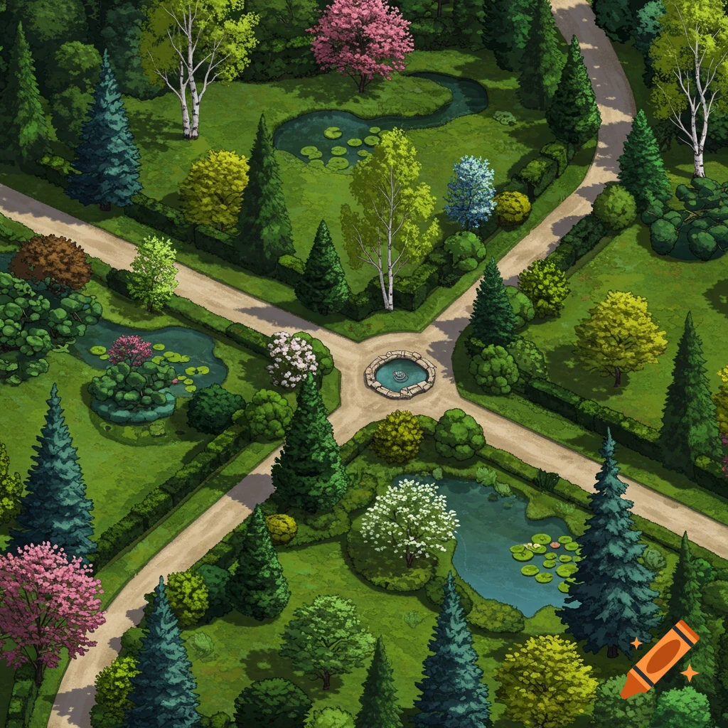 Manicured garden with ponds, trees, and walking paths on Craiyon