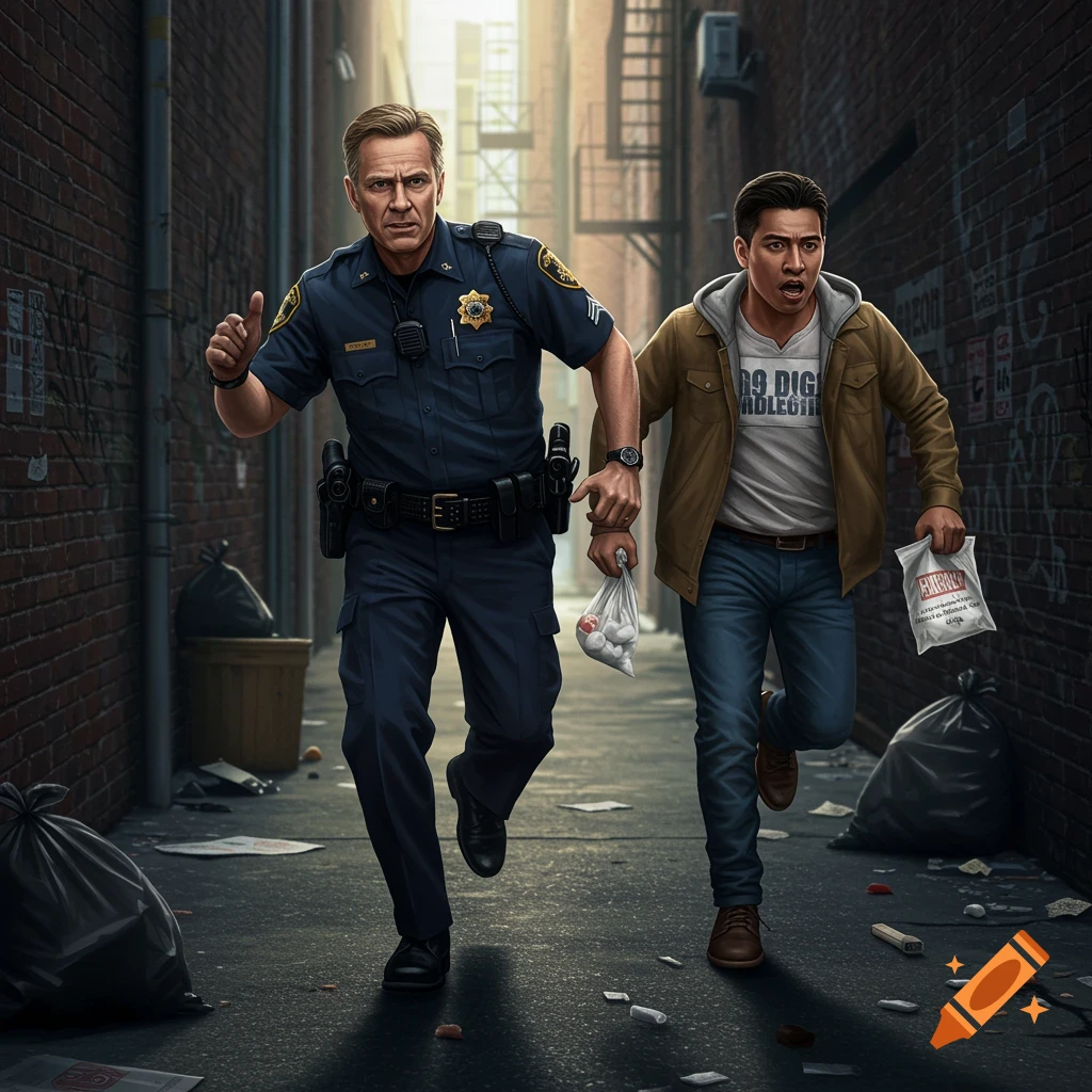 Photorealistic painting of a police officer chasing a man through a ...