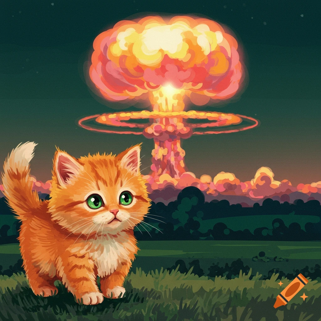 Cat with atomic bomb in background on Craiyon