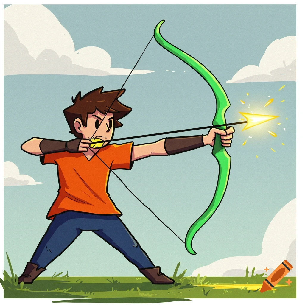Cartoon person shooting a bow and arrow in a field. on Craiyon