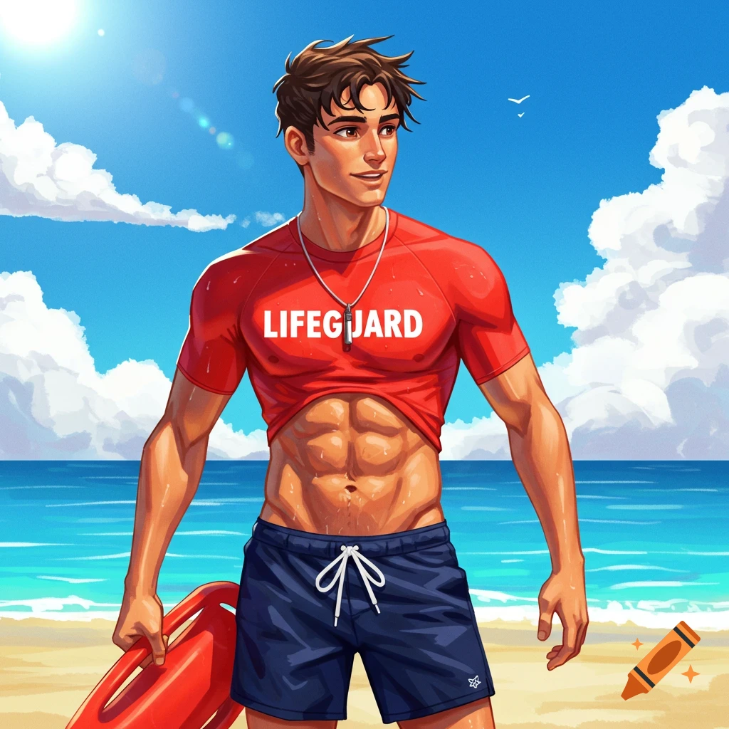 An illustration of a muscular man on a beach with two other figures in ...