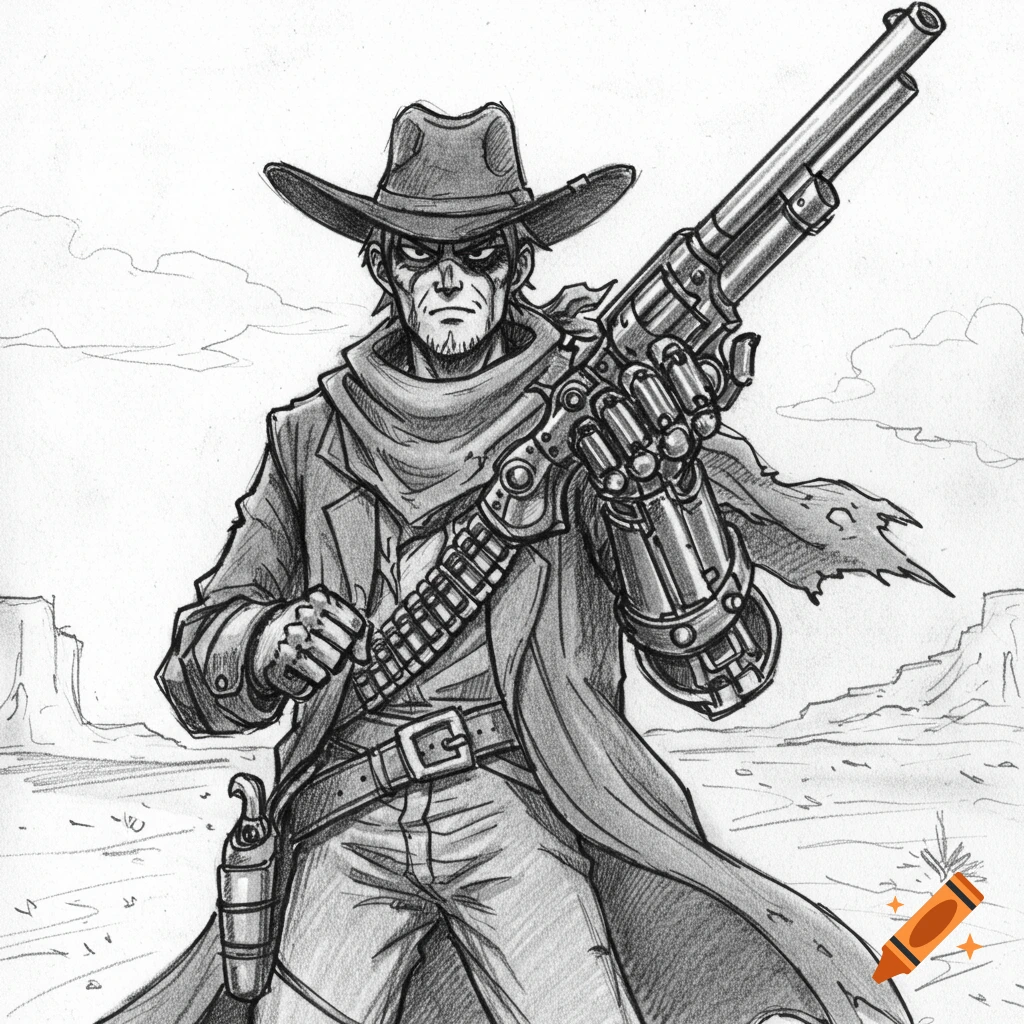 Black and white pencil sketch of a gritty cowboy with a cybernetic gun ...