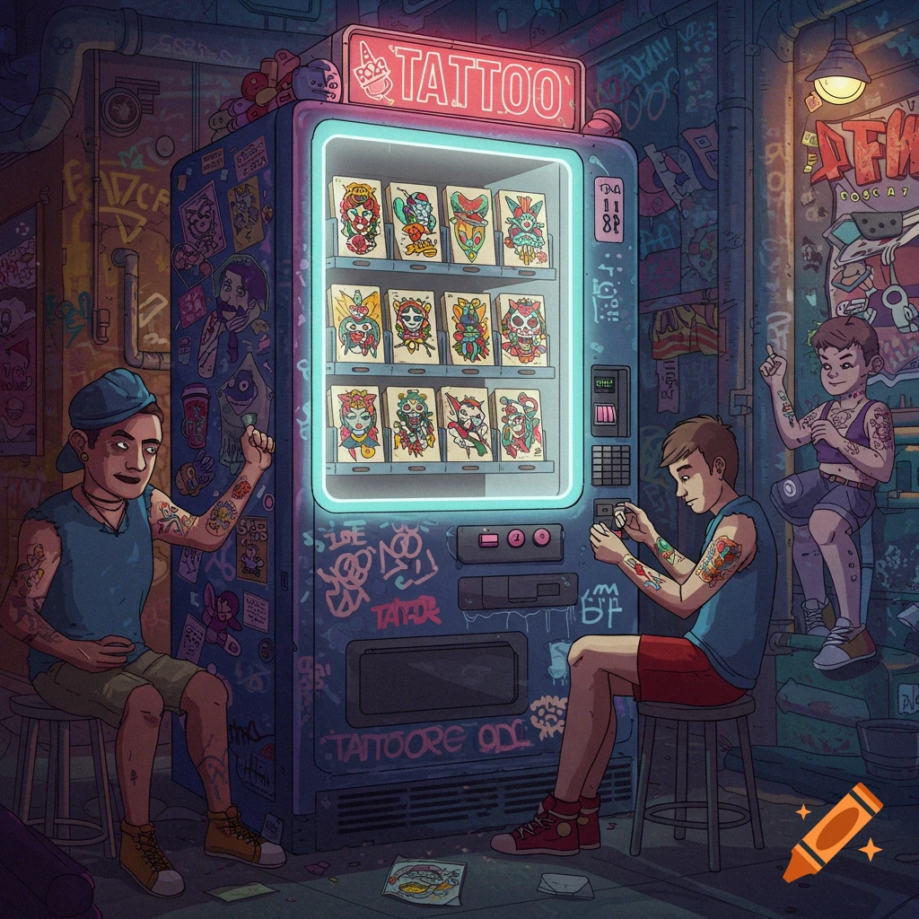 People getting tattoos from a vending machine in an urban alley. on Craiyon
