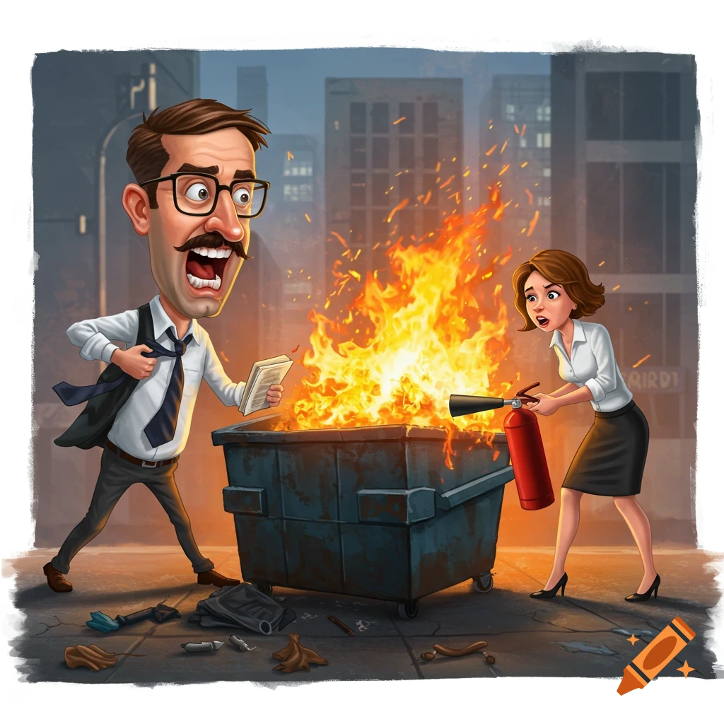 Small business owner and woman with fire extinguisher managing a ...