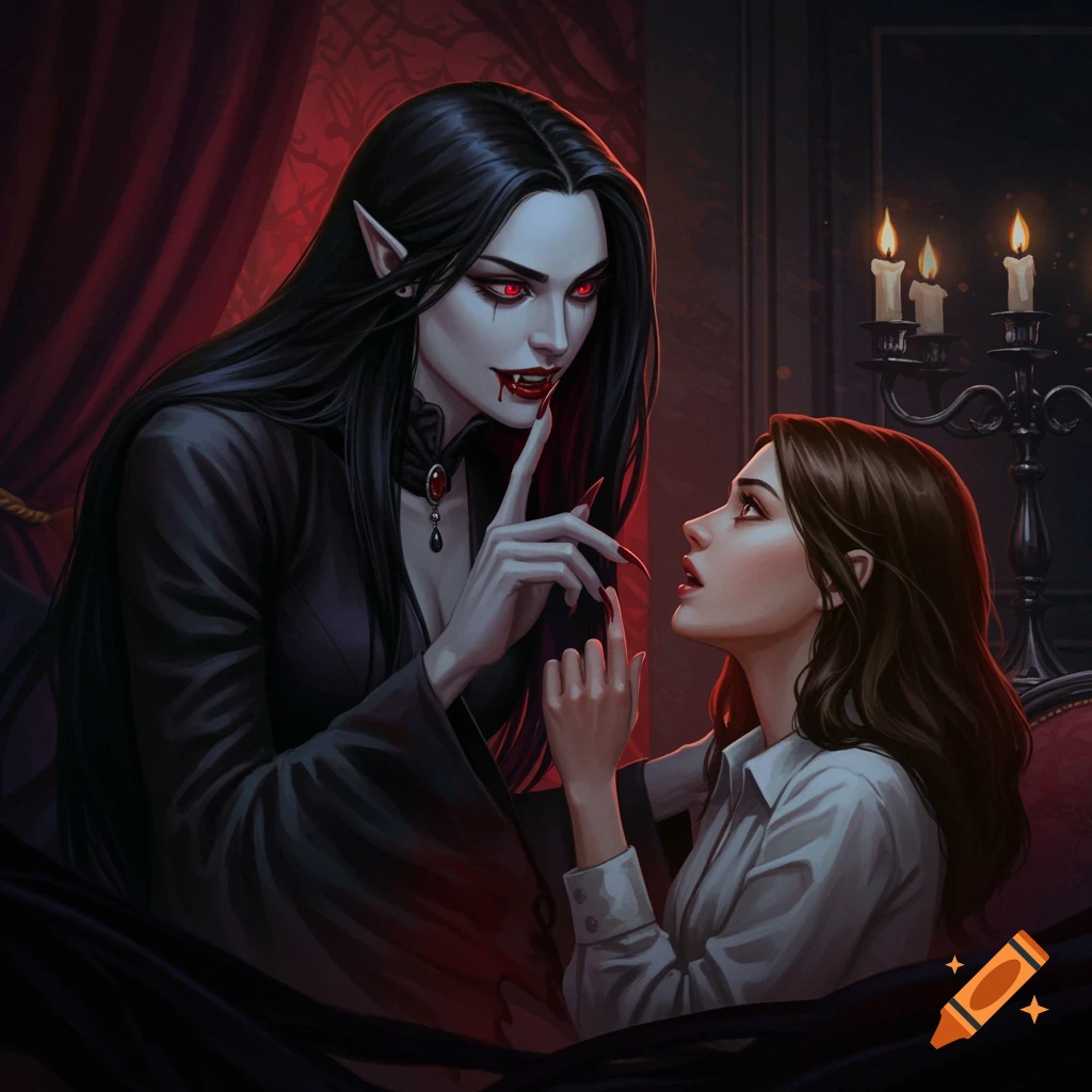 Digital painting of a dark-haired woman in a long dress sitting on a ...