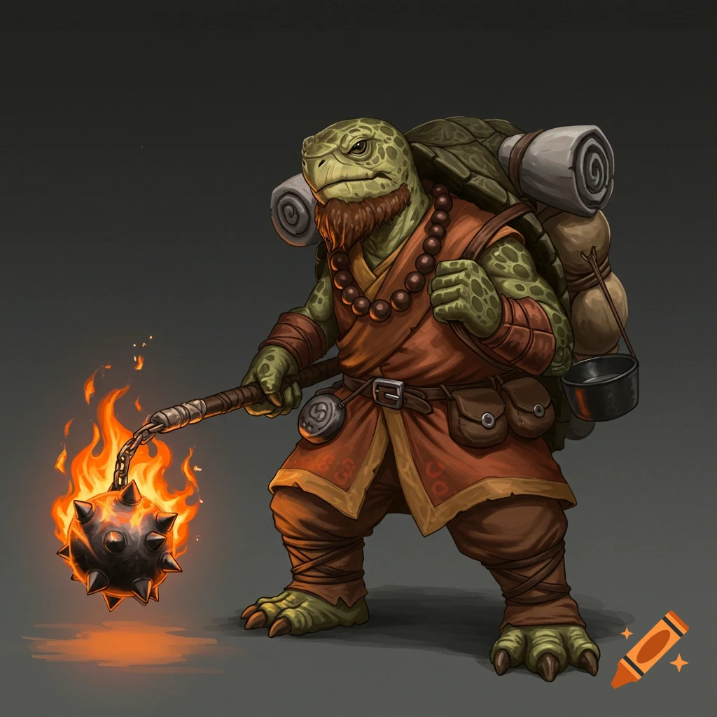 A tortle monk with a beard and flaming flail. on Craiyon