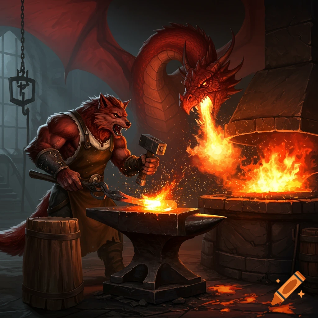 Red furred werewolf blacksmith with dragon blowing fire into forge on Craiyon