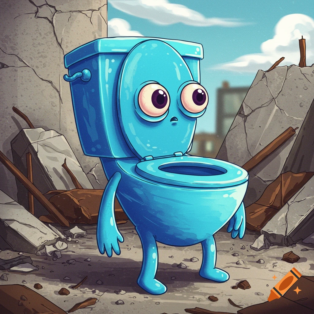 A cartoon toilet character with eyes and a mouth drinks orange juice ...