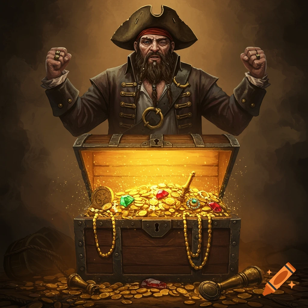 Pirate standing behind an open treasure chest illustration on Craiyon