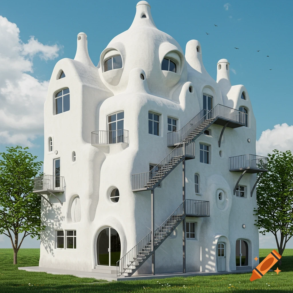 Hyperrealistic three-story white building with external staircase on ...