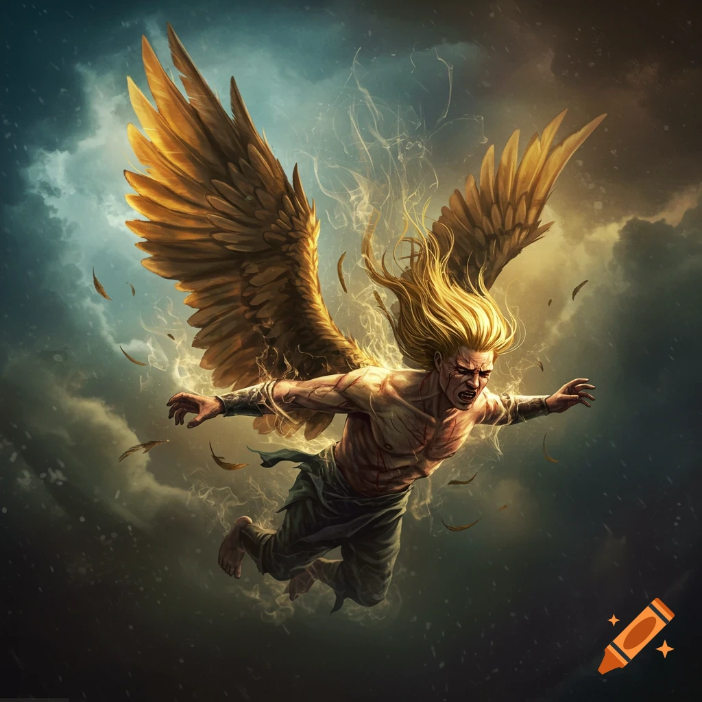Man with blonde hair and wings falling from the sky on Craiyon