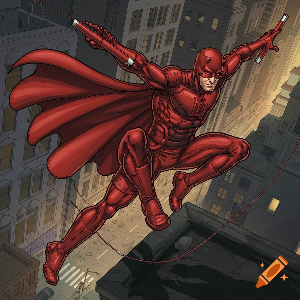 Daredevil in red costume leaps over a city rooftop. on Craiyon