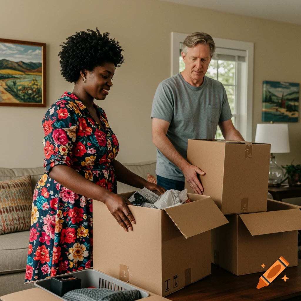 Black woman and white man unpacking boxes in living room on Craiyon