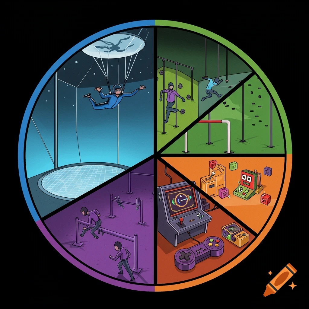 Logo featuring air diving, sports obstacle course, and arcade in a ...