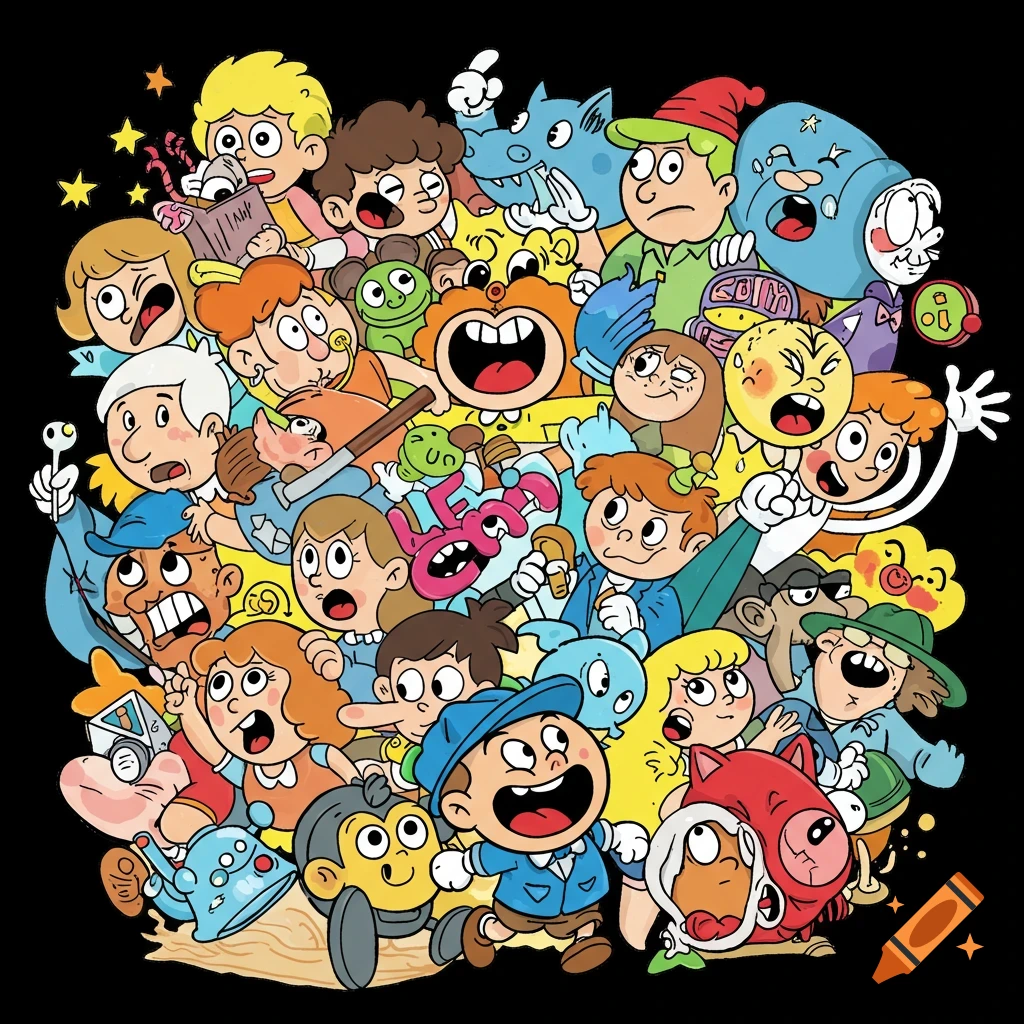 Crowded cartoon illustration of many colorful characters with ...