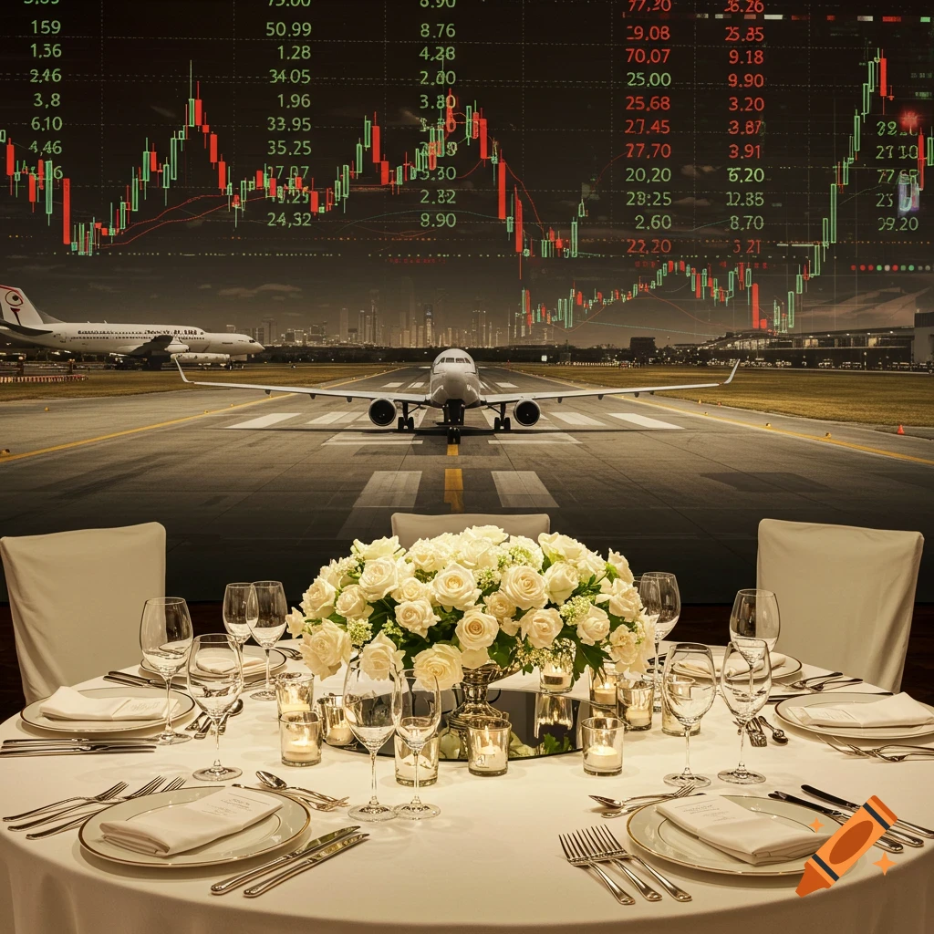 Wedding dinner table with airplane runway and stock market ticker tape ...