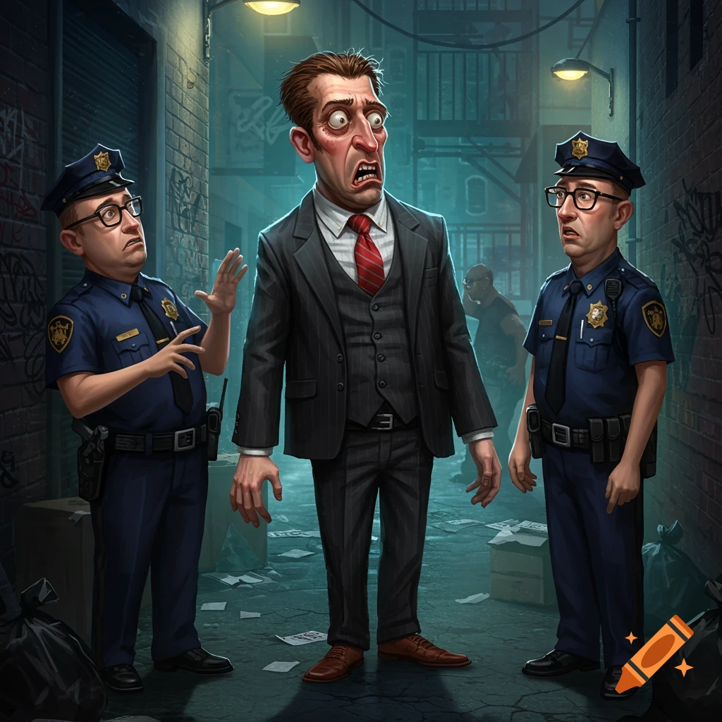 Scary but wimpy gangster interacting with wimpy police on Craiyon