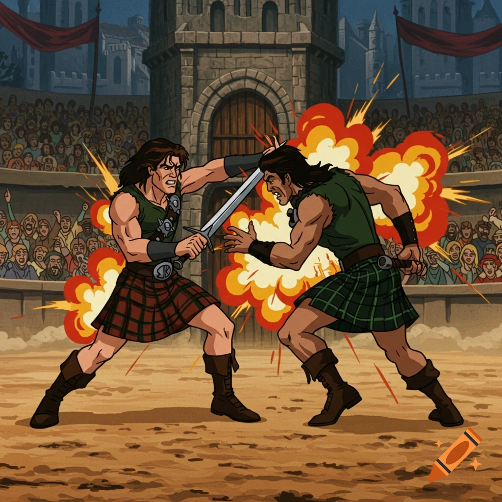 Two muscular men in kilts fight with swords in a cartoon gladiator ...