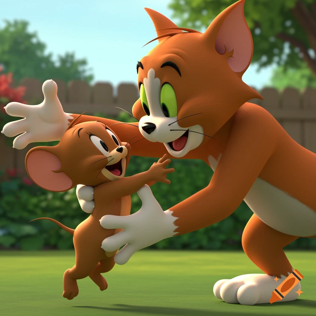 Tom the cat hugs Jerry the mouse in a cartoon style in a backyard. on Craiyon