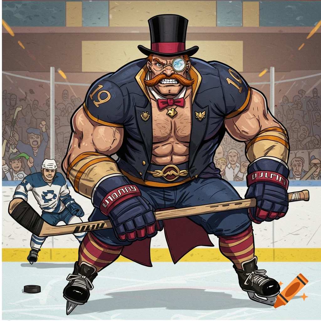 Muscular baron with top hat and monocle dressed as a hockey player on ...