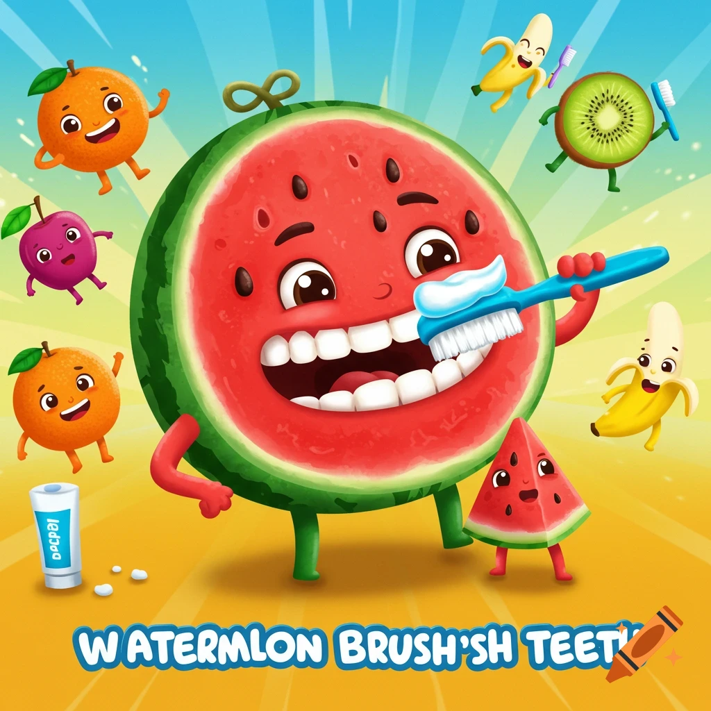 Watermelon brushing teeth with fruits around for a video thumbnail on ...