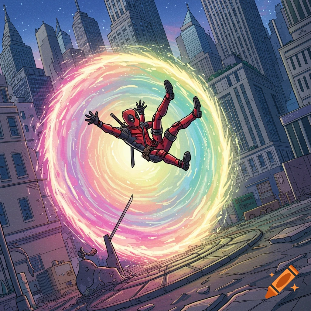 Deadpool falling out of portal in New York City, comic art style on Craiyon
