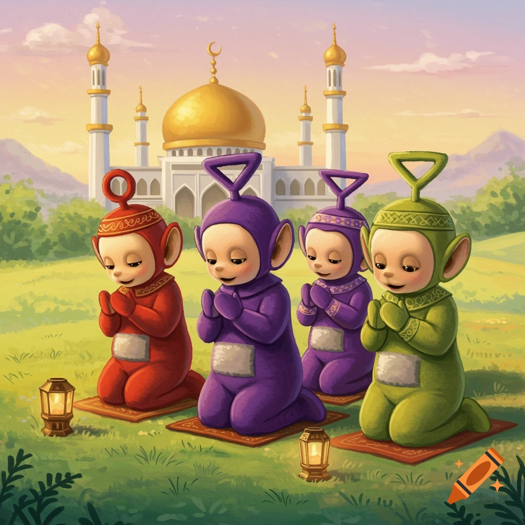 Four Teletubbies kneel in prayer before a mosque in a colorful cartoon ...