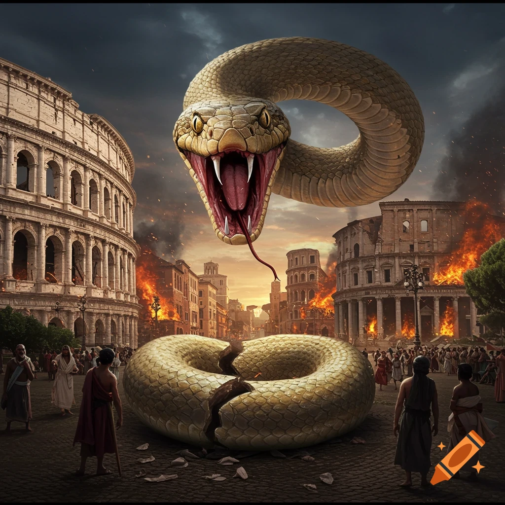 Snake tearing down Rome with buildings destroyed and on fire on Craiyon