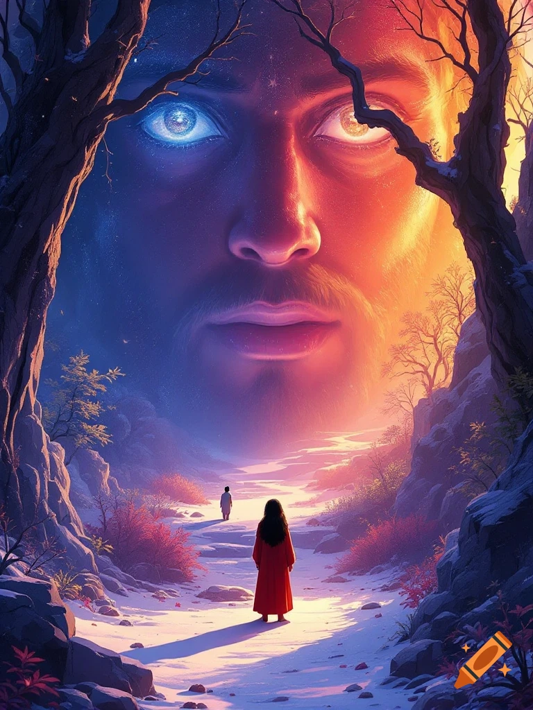A giant face with glowing eyes overlooks two figures walking on a snowy ...