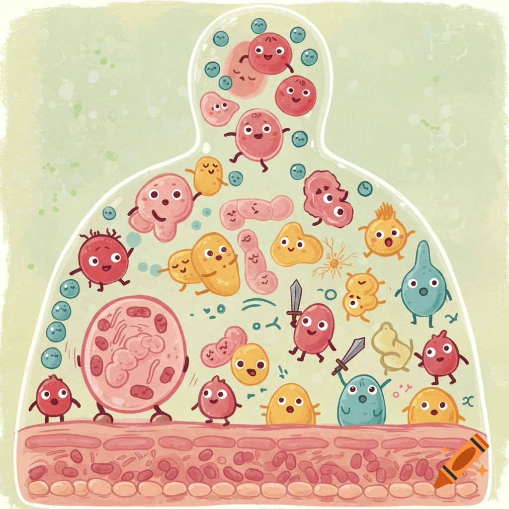Healing-style, hand-drawn Ghibli-inspired illustration of cells ...
