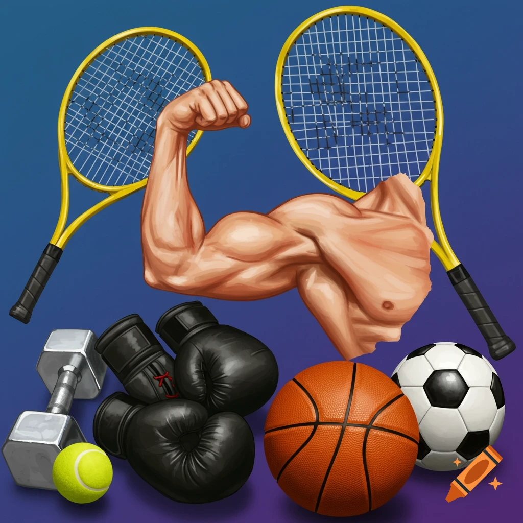 Muscle, dumbbell, punching gloves, tennis racket, basketball, and ...