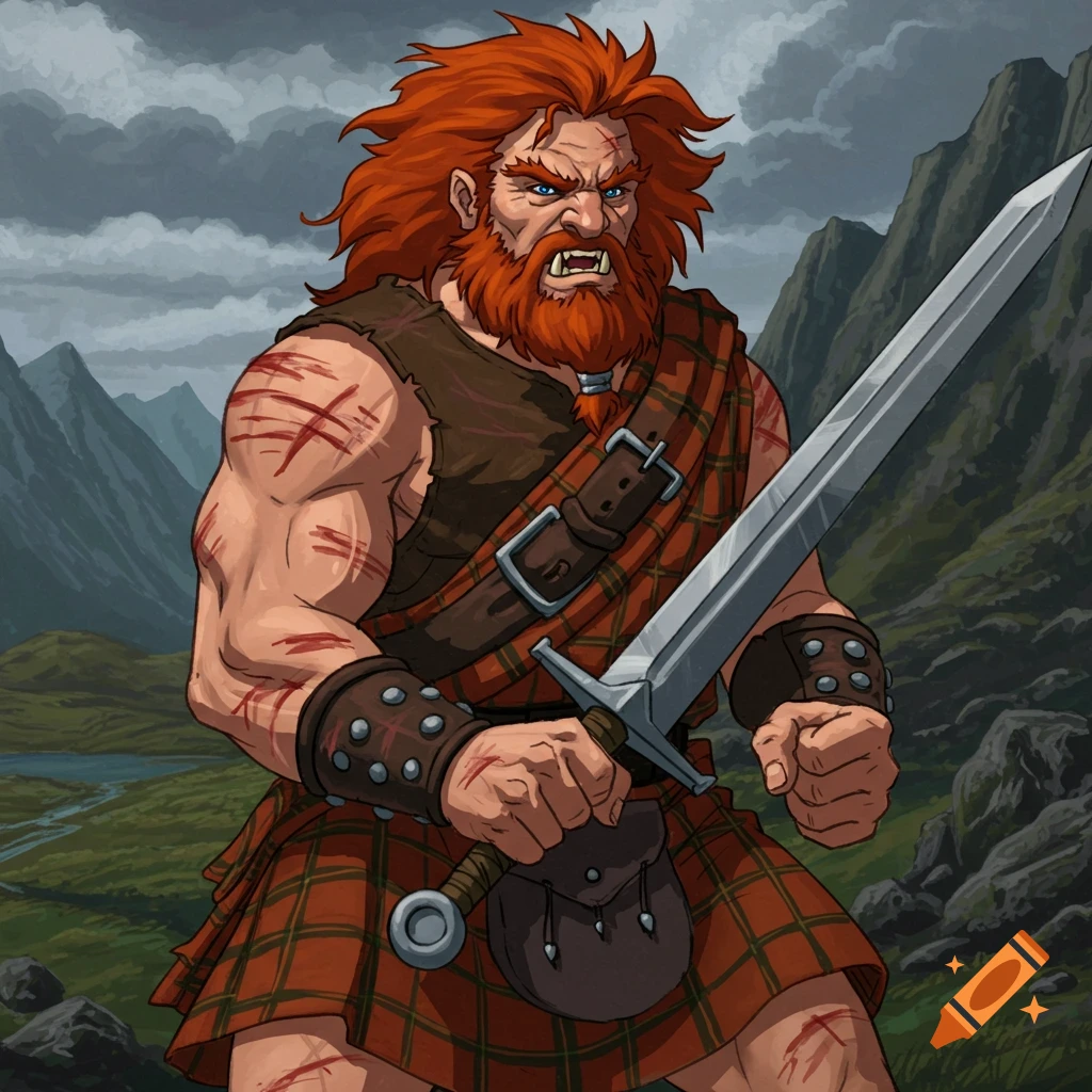 90s cartoon character, Scottish warlord with fangs on Craiyon