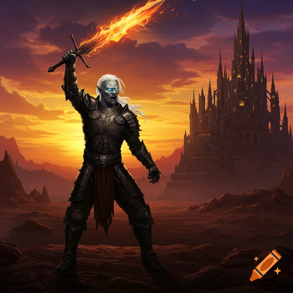 Fantasy movie poster of a gray-skinned warrior with a flaming sword and ...