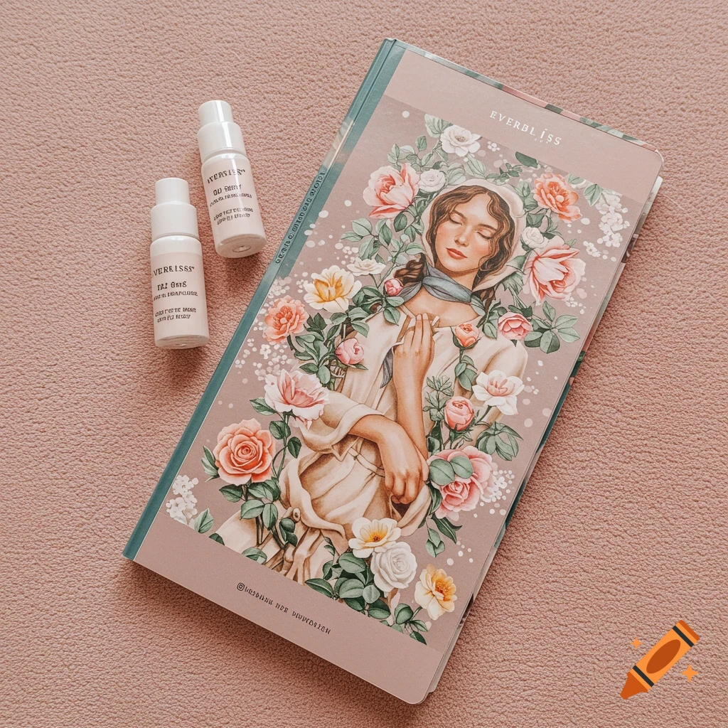 Notebook with drawing of woman surrounded by flowers and two small ...