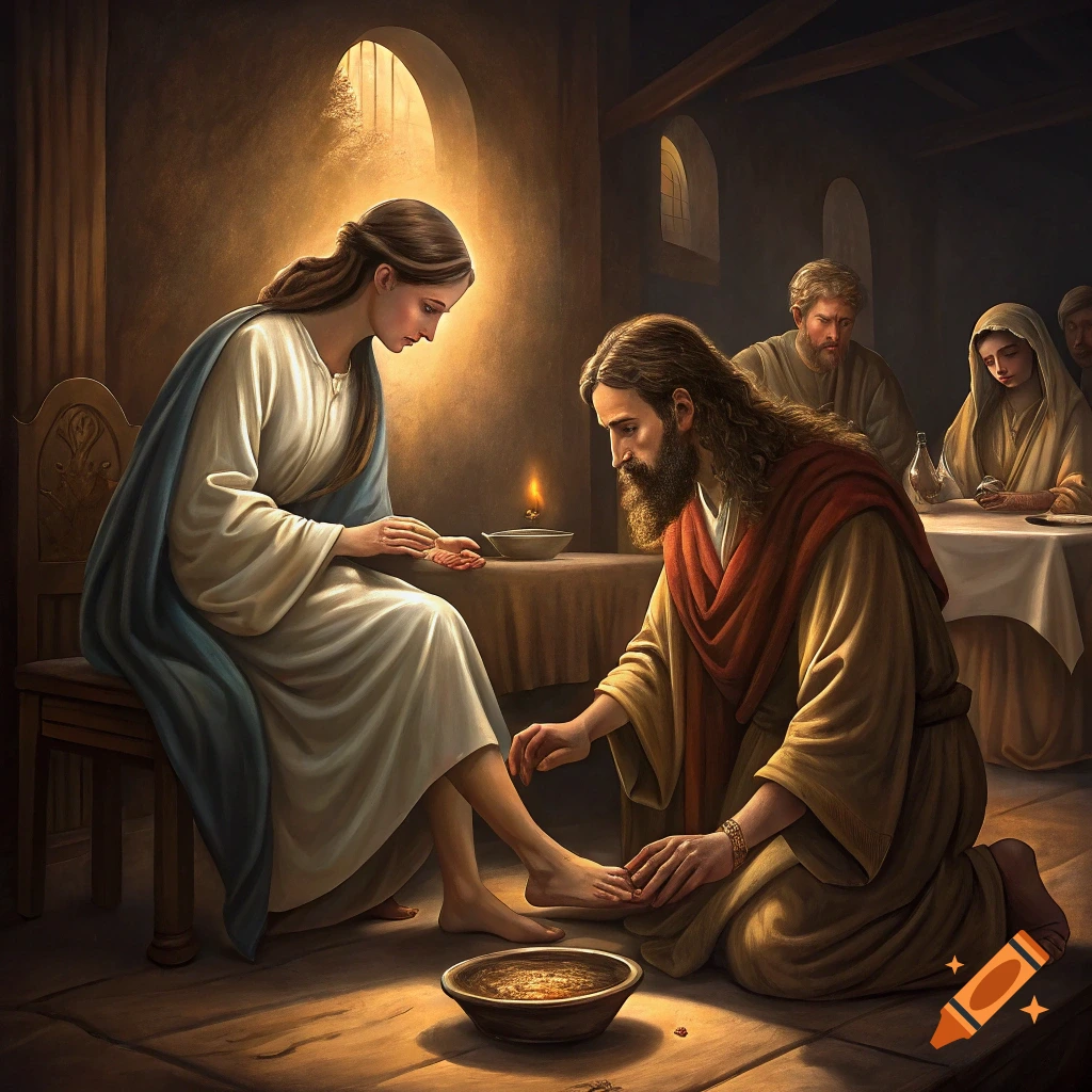 Jesus anointed by Mary during dinner with disciples on Craiyon