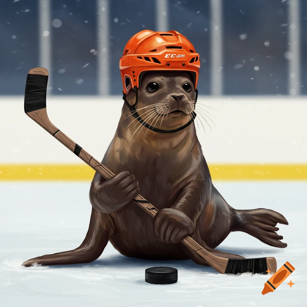 A stylized seal wearing an orange hockey helmet and holding a hockey ...
