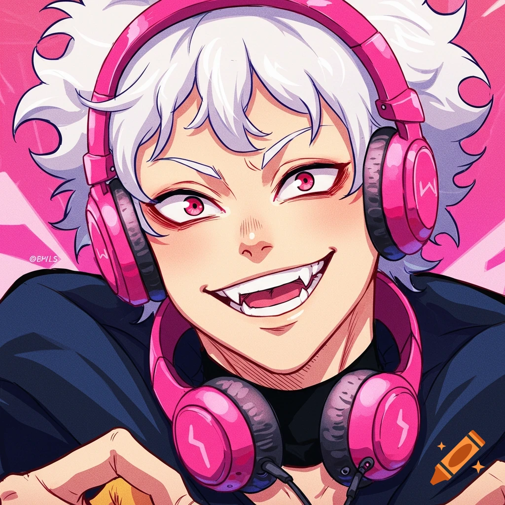 Anime portrait of a grinning male character with white hair, red eyes ...