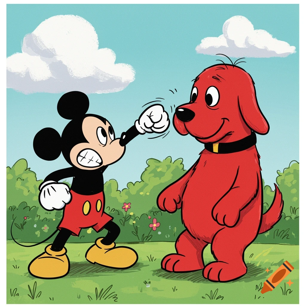Mickey Mouse fighting Clifford the Big Red Dog, cartoon style ...
